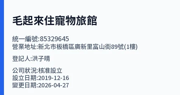 毛起來住寵物旅館的照片-統編 85329645(新北市) 公司登記資料與營業項目詳細圖表