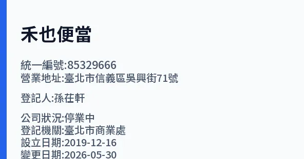 禾也便當的照片-統編 85329666(臺北市) 公司登記資料與營業項目詳細圖表