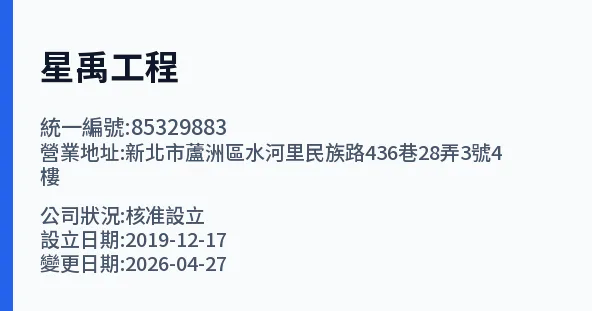 星禹工程的照片-統編 85329883(新北市) 公司登記資料與營業項目詳細圖表
