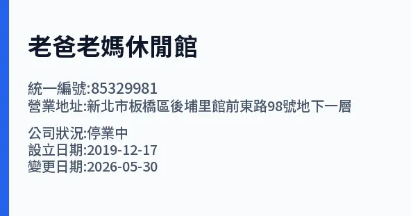 老爸老媽休閒館的照片-統編 85329981(新北市) 公司登記資料與營業項目詳細圖表