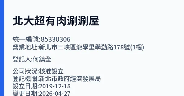 北大超有肉涮涮屋的照片-統編 85330306(新北市) 公司登記資料與營業項目詳細圖表