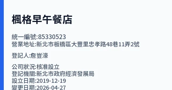 楓格早午餐店的照片-統編 85330523(新北市) 公司登記資料與營業項目詳細圖表