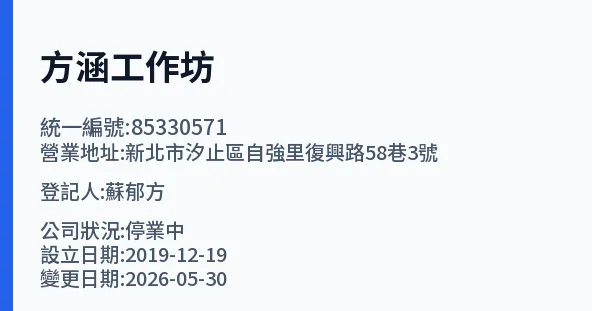 方涵工作坊的照片-統編 85330571(新北市) 公司登記資料與營業項目詳細圖表