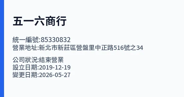 五一六商行的照片-統編 85330832(新北市) 公司登記資料與營業項目詳細圖表
