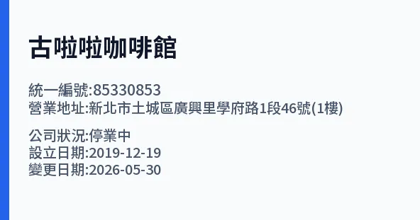 古啦啦咖啡館的照片-統編 85330853(新北市) 公司登記資料與營業項目詳細圖表