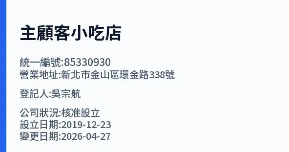 主顧客小吃店的照片-統編 85330930(新北市) 公司登記資料與營業項目詳細圖表