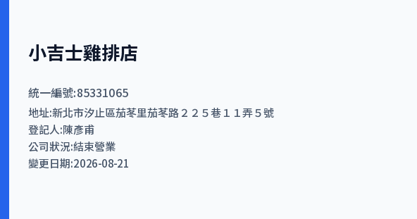小吉士雞排店的照片-統編 85331065(新北市) 公司登記資料與營業項目詳細圖表
