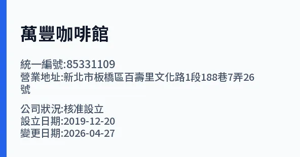 萬豐咖啡館的照片-統編 85331109(新北市) 公司登記資料與營業項目詳細圖表