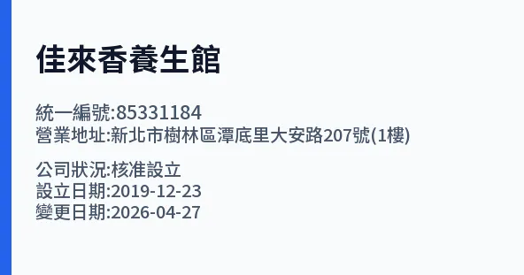 佳來香養生館的照片-統編 85331184(新北市) 公司登記資料與營業項目詳細圖表