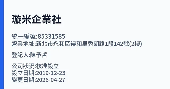 璇米企業社的照片-統編 85331585(新北市) 公司登記資料與營業項目詳細圖表