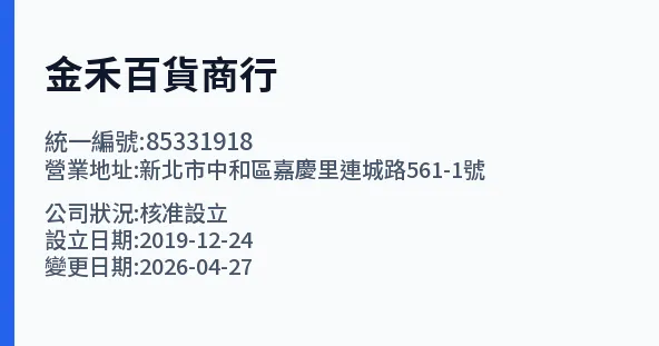 金禾百貨商行的照片-統編 85331918(新北市) 公司登記資料與營業項目詳細圖表