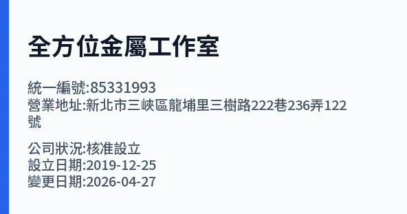 全方位金屬工作室的照片-統編 85331993(新北市) 公司登記資料與營業項目詳細圖表