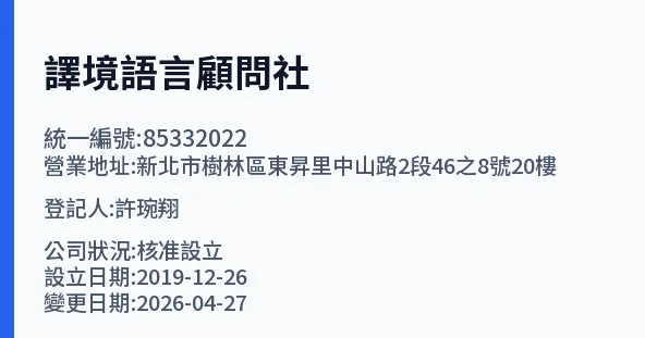 譯境語言顧問社的照片-統編 85332022(新北市) 公司登記資料與營業項目詳細圖表