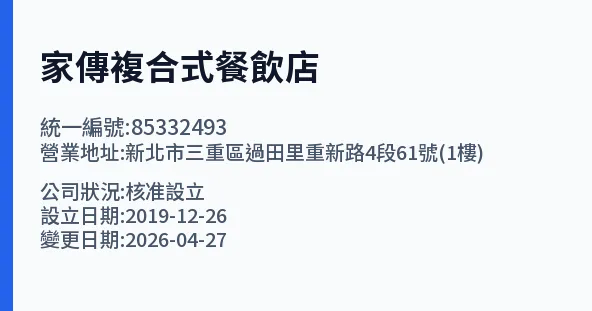 家傳複合式餐飲店的照片-統編 85332493(新北市) 公司登記資料與營業項目詳細圖表