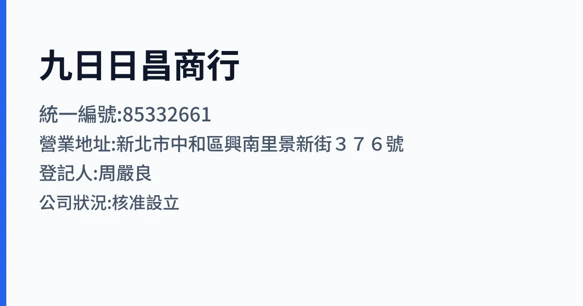 九日日昌商行 - 統編 85332661(新北市) 公司登記資料與營業項目詳細圖表