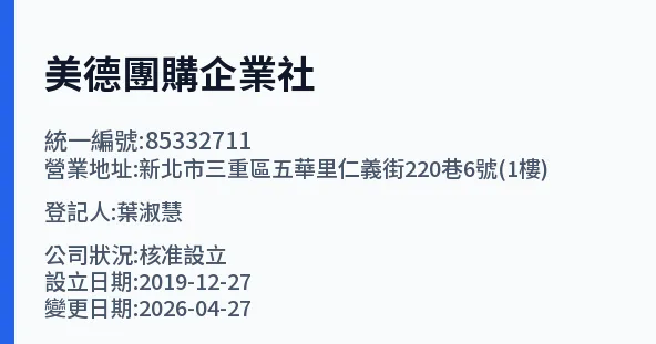 美德團購企業社的照片-統編 85332711(新北市) 公司登記資料與營業項目詳細圖表