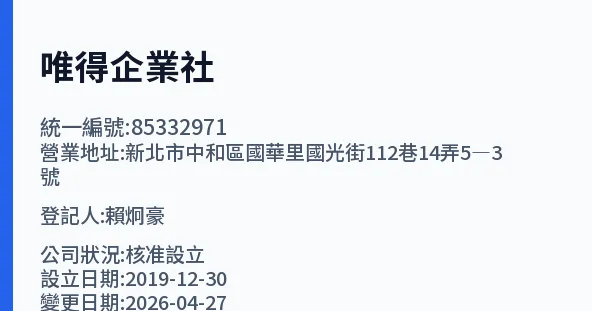 唯得企業社的照片-統編 85332971(新北市) 公司登記資料與營業項目詳細圖表