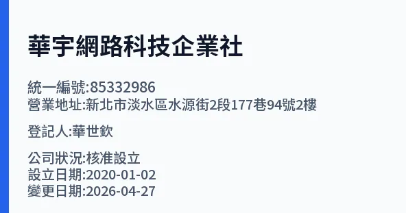 華宇網路科技企業社的照片-統編 85332986(新北市) 公司登記資料與營業項目詳細圖表