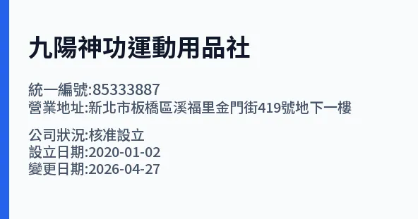 九陽神功運動用品社的照片-統編 85333887(新北市) 公司登記資料與營業項目詳細圖表