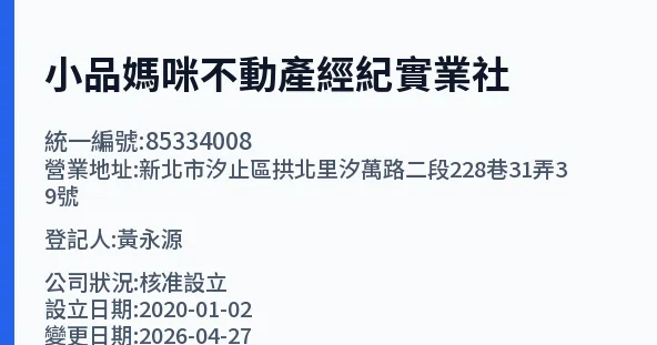 小品媽咪不動產經紀實業社的照片-統編 85334008(新北市) 公司登記資料與營業項目詳細圖表