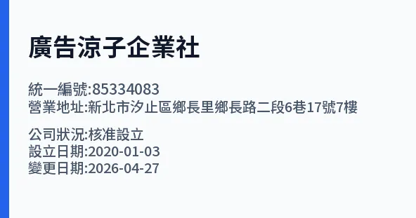 廣告涼子企業社的照片-統編 85334083(新北市) 公司登記資料與營業項目詳細圖表