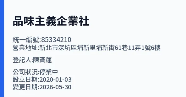 品味主義企業社的照片-統編 85334210(新北市) 公司登記資料與營業項目詳細圖表