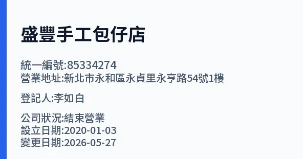 盛豐手工包仔店的照片-統編 85334274(新北市) 公司登記資料與營業項目詳細圖表