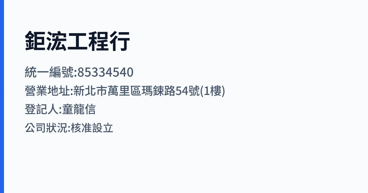 鉅浤工程行 - 統編 85334540(新北市) 公司登記資料與營業項目詳細圖表
