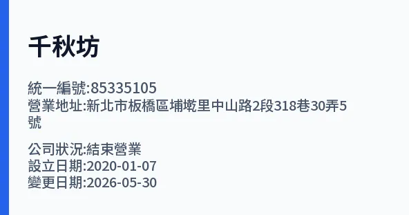千秋坊的照片-統編 85335105(新北市) 公司登記資料與營業項目詳細圖表