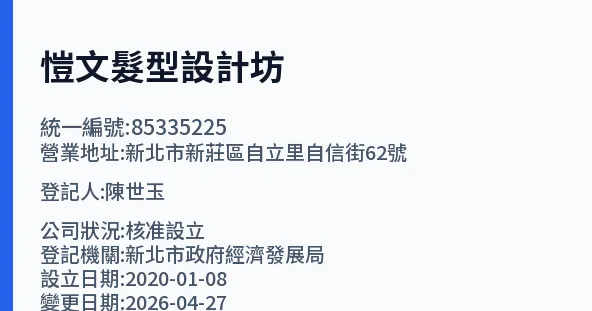愷文髮型設計坊的照片-統編 85335225(新北市) 公司登記資料與營業項目詳細圖表