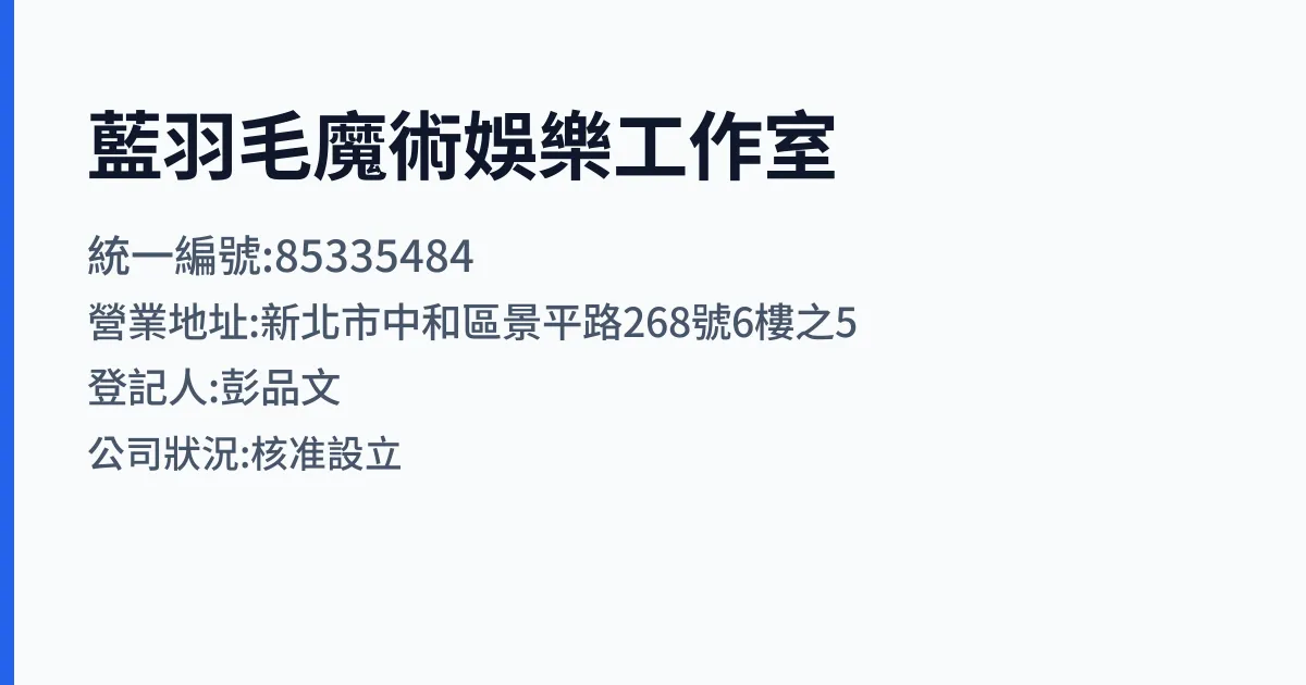藍羽毛魔術娛樂工作室 - 統編 85335484 (新北市) 公司登記資料與營業項目詳細圖表