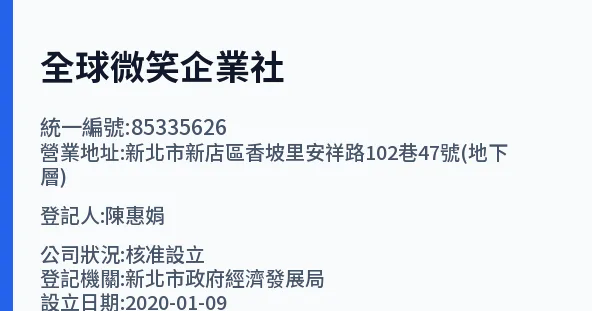 全球微笑企業社的照片-統編 85335626(新北市) 公司登記資料與營業項目詳細圖表