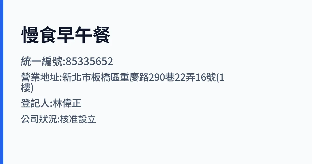 慢食早午餐 - 統編 85335652(新北市) 公司登記資料與營業項目詳細圖表