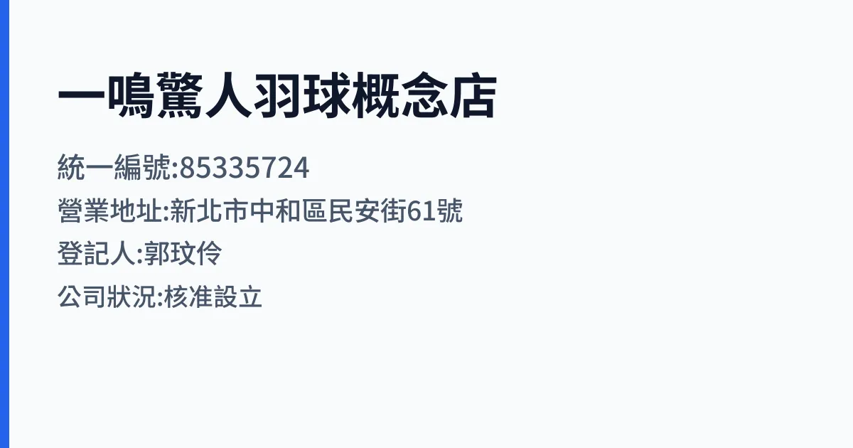 一鳴驚人羽球概念店 - 統編 85335724(新北市) 公司登記資料與營業項目詳細圖表