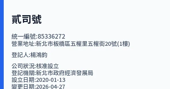 貳司號的照片-統編 85336272(新北市) 公司登記資料與營業項目詳細圖表