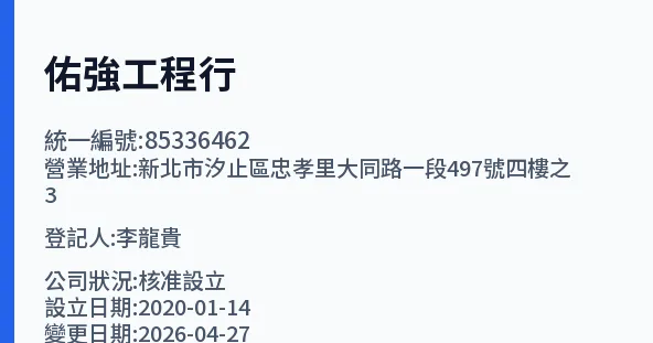 佑強工程行的照片-統編 85336462(新北市) 公司登記資料與營業項目詳細圖表