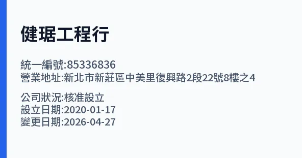 健琚工程行的照片-統編 85336836(新北市) 公司登記資料與營業項目詳細圖表