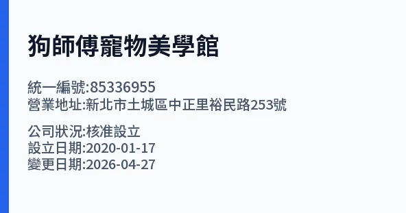 狗師傅寵物美學館的照片-統編 85336955(新北市) 公司登記資料與營業項目詳細圖表