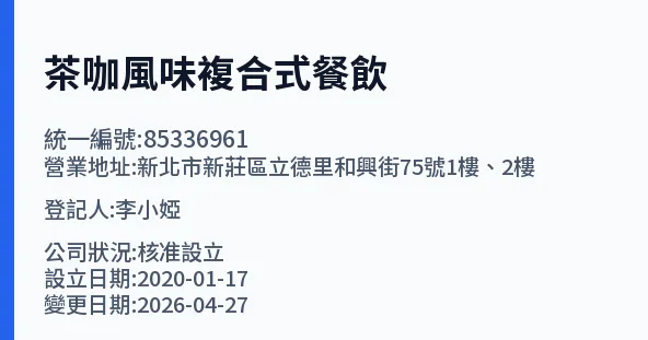茶咖風味複合式餐飲的照片-統編 85336961(新北市) 公司登記資料與營業項目詳細圖表
