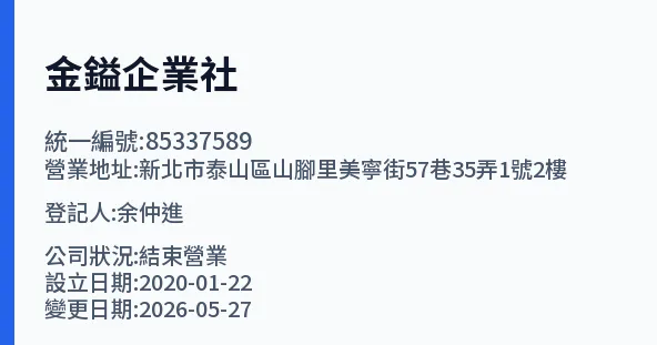 金鎰企業社的照片-統編 85337589(新北市) 公司登記資料與營業項目詳細圖表