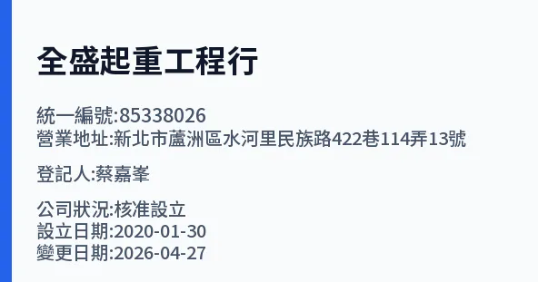 全盛起重工程行的照片-統編 85338026(新北市) 公司登記資料與營業項目詳細圖表