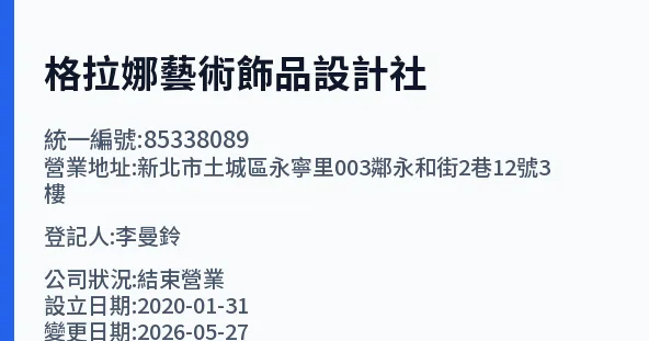 格拉娜藝術飾品設計社的照片-統編 85338089(新北市) 公司登記資料與營業項目詳細圖表