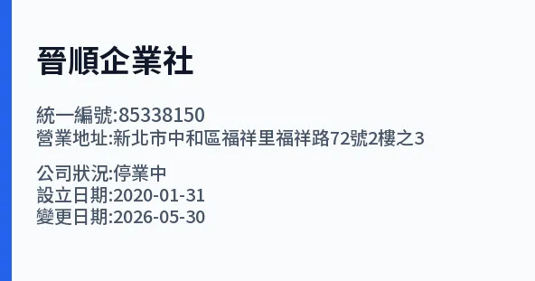 晉順企業社的照片-統編 85338150(新北市) 公司登記資料與營業項目詳細圖表