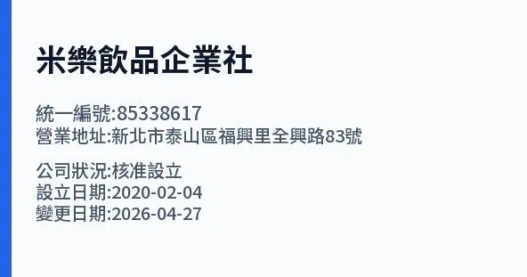 米樂飲品企業社的照片-統編 85338617(新北市) 公司登記資料與營業項目詳細圖表