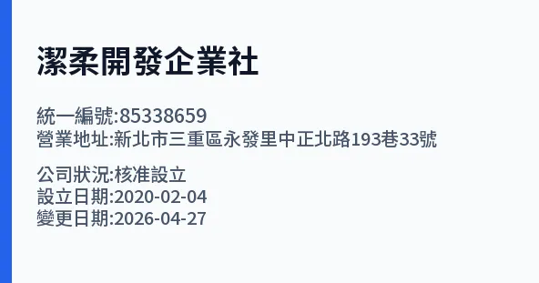 潔柔開發企業社的照片-統編 85338659(新北市) 公司登記資料與營業項目詳細圖表