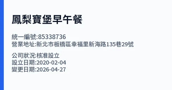 鳳梨寶堡早午餐的照片-統編 85338736(新北市) 公司登記資料與營業項目詳細圖表