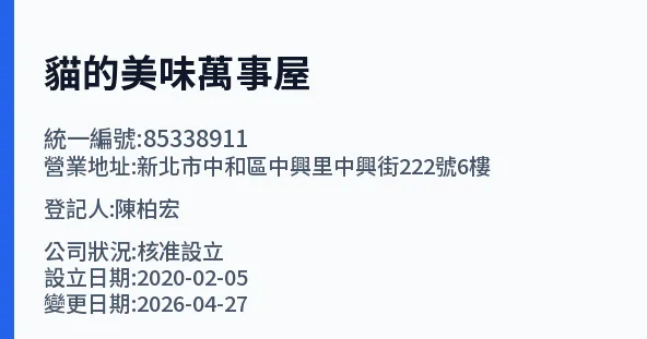 貓的美味萬事屋的照片-統編 85338911(新北市) 公司登記資料與營業項目詳細圖表