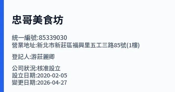 忠哥美食坊的照片-統編 85339030(新北市) 公司登記資料與營業項目詳細圖表