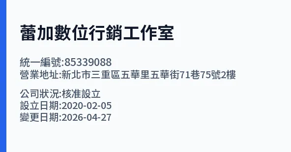 蕾加數位行銷工作室的照片-統編 85339088(新北市) 公司登記資料與營業項目詳細圖表