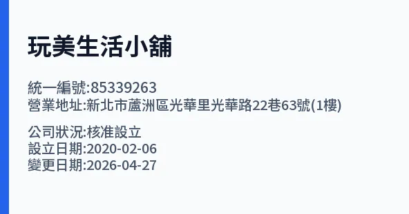 玩美生活小舖的照片-統編 85339263(新北市) 公司登記資料與營業項目詳細圖表